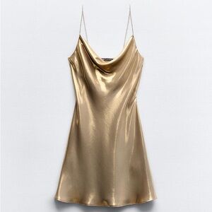 Zara | Dresses | Zara Liquid Gold Rhinestone Strap Foil Mini Dress ...